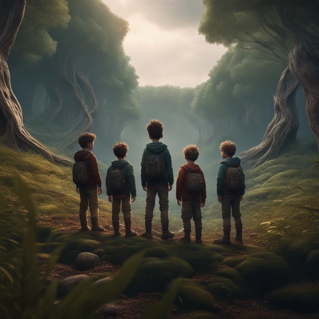 three boys in a hill with a forest in the front - AI Generated Artwork - NightCafe Creator