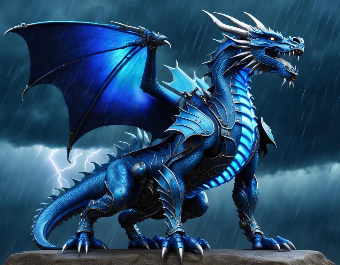 Blue Dragon Warrior vs the Storm - AI Generated Artwork - NightCafe Creator