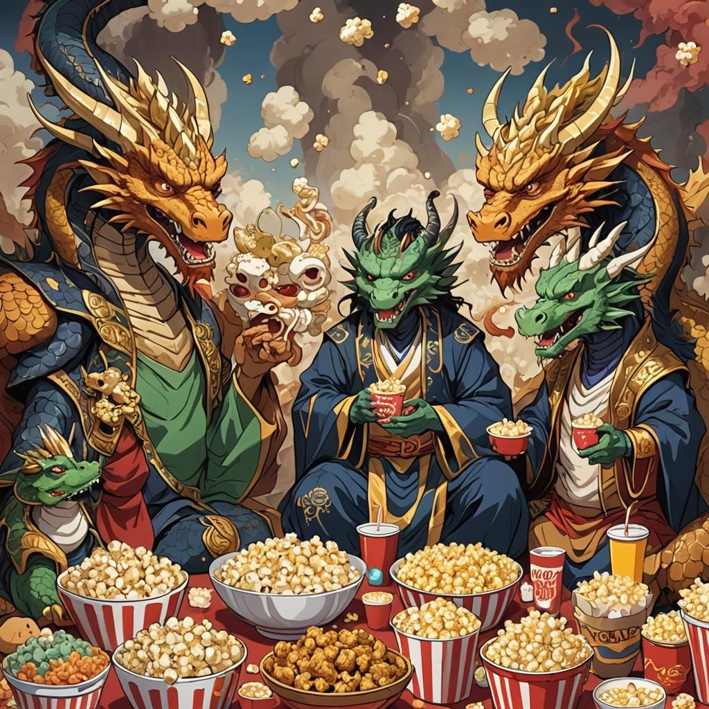 The four Dragon Gods eating popcorn and sandwiches - AI Generated Artwork - NightCafe Creator