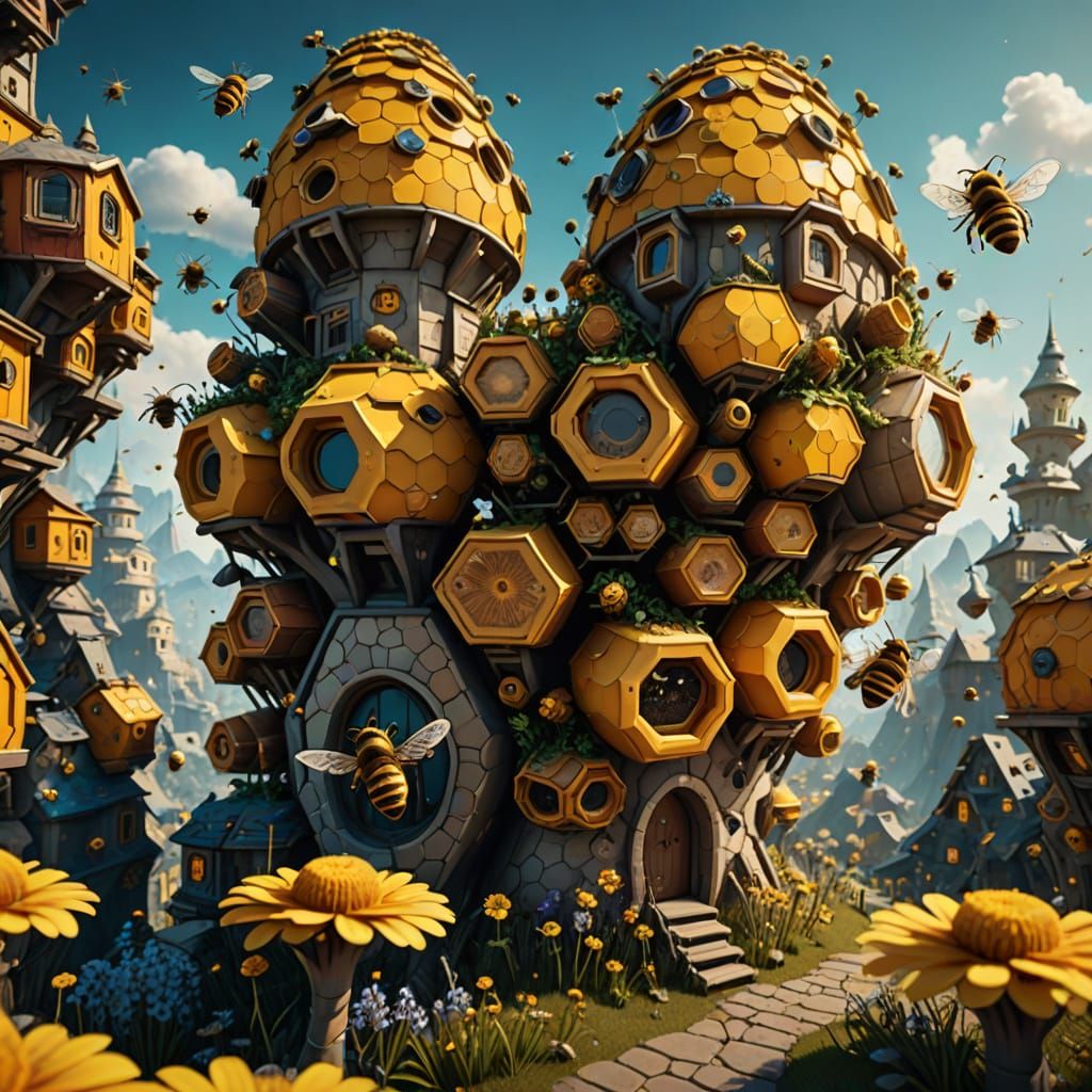 Surreal Bees Hive Metropolis in Vibrant Colors - AI Art