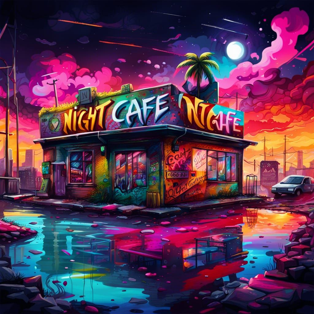 Cinematic fantasy landscape with the words Night Cafe written in ...