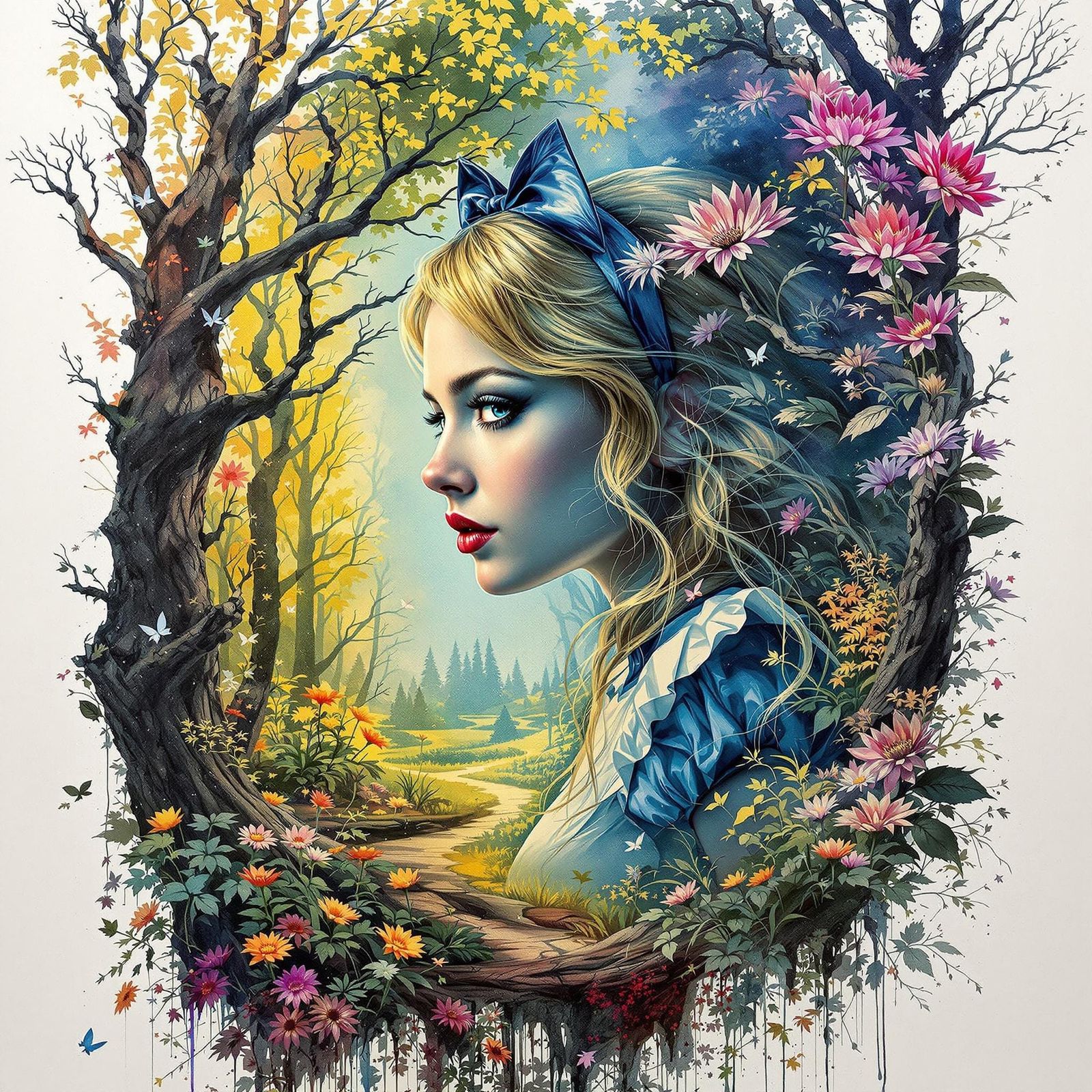 Double Exposed Alice - Surreal Oil Portrait of Alice in Wond...