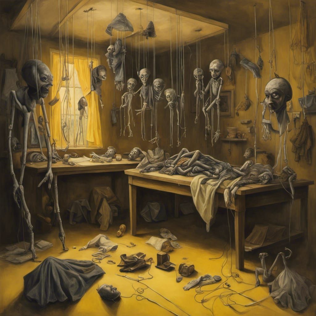 cluttered puppet workshop, puppet strings hanging from ceiling ...