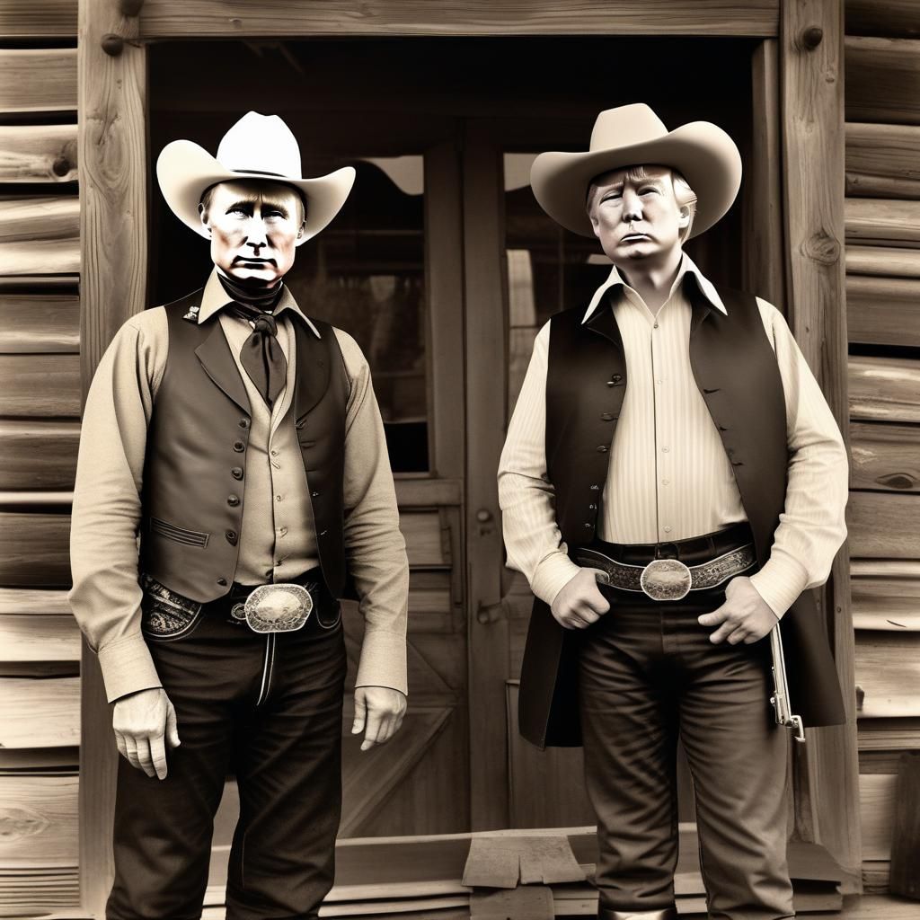 Vladimir Putin and Donald Trump as cowboys in front of A white, board ...