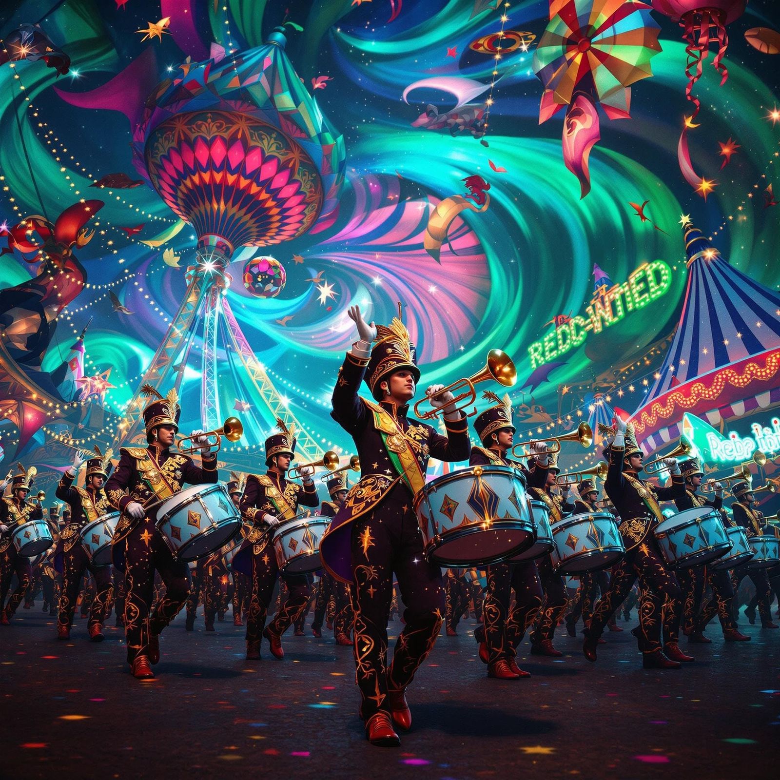 Marching Band with Drums and Trumpets blaring in from of a psychedelic ...