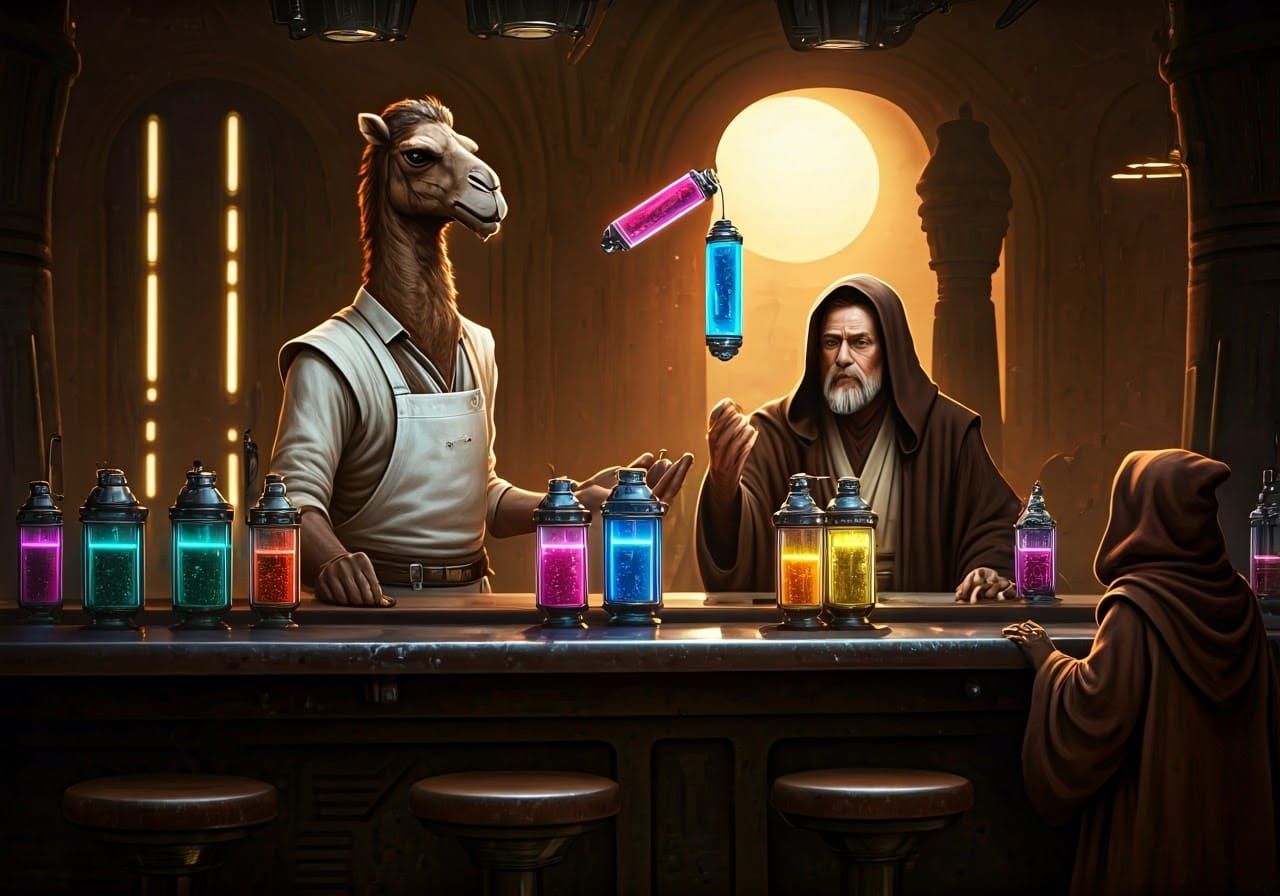 A camel faced alien bartender serving Old Ben Kenobi and a Jawa at the ...