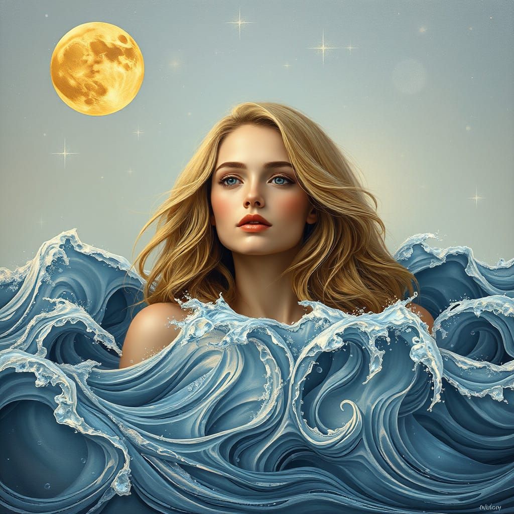 Woman's face and upper body emerging from undulating silver ocean waves ...