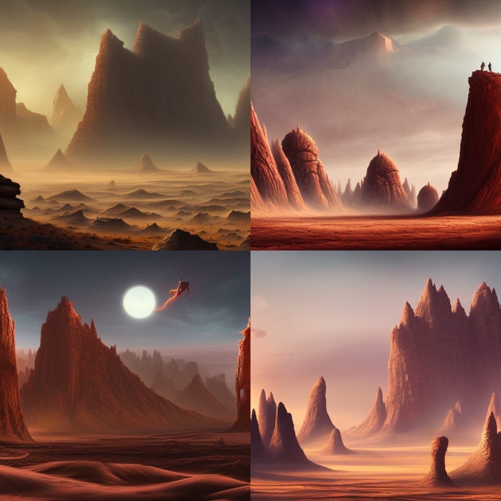 A vast alien desert with towering rock formations and an alien species ...