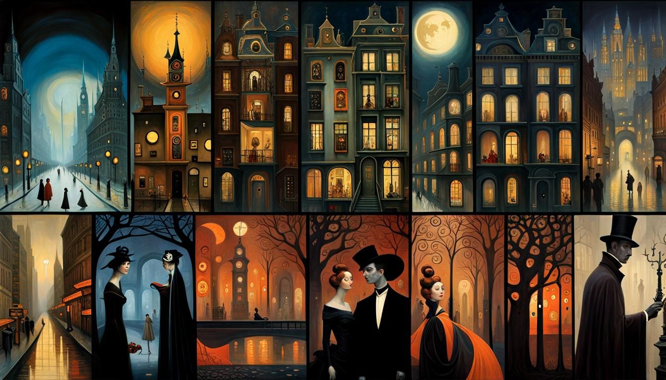 Cityscape at midnight by Bill Carman, by Dave McKean, by Dali, by Klimt ...