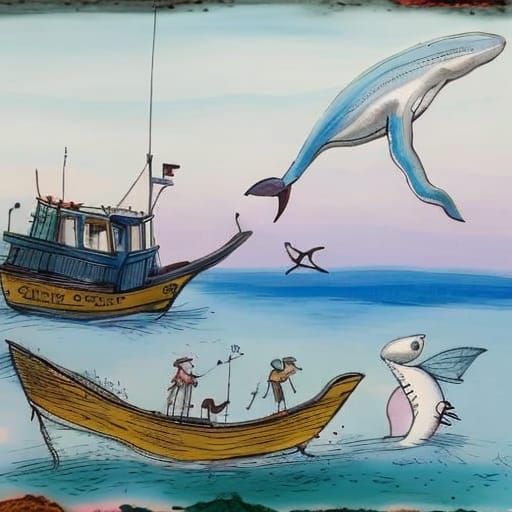 A fishing boat at sea, insanely detailed giant whale, tiny seagulls ...