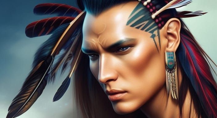 Handsome native American indian man tattooed face, feather, mohawk head ...