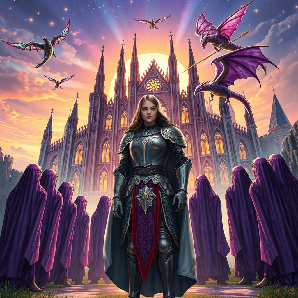 Ethereal Knight and Druids in Stained Glass Castle... - AI Art