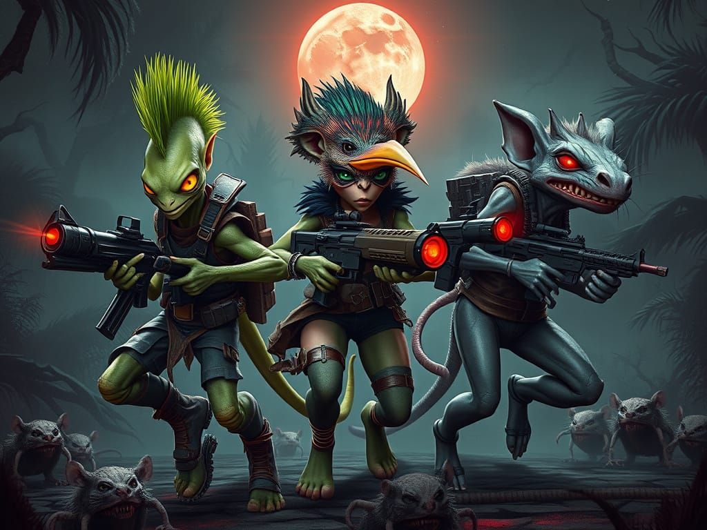 3 persons, shabby green punk alien lizard species, female, 20yo, gaunt ...