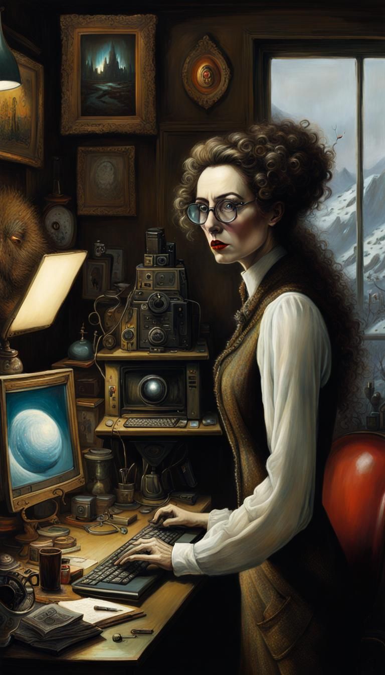 eccentric mother with loose messy frizzy light_brown hair standing at ...