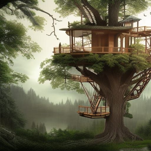 Realistic modern luxury tree house design by lake - AI Generated ...
