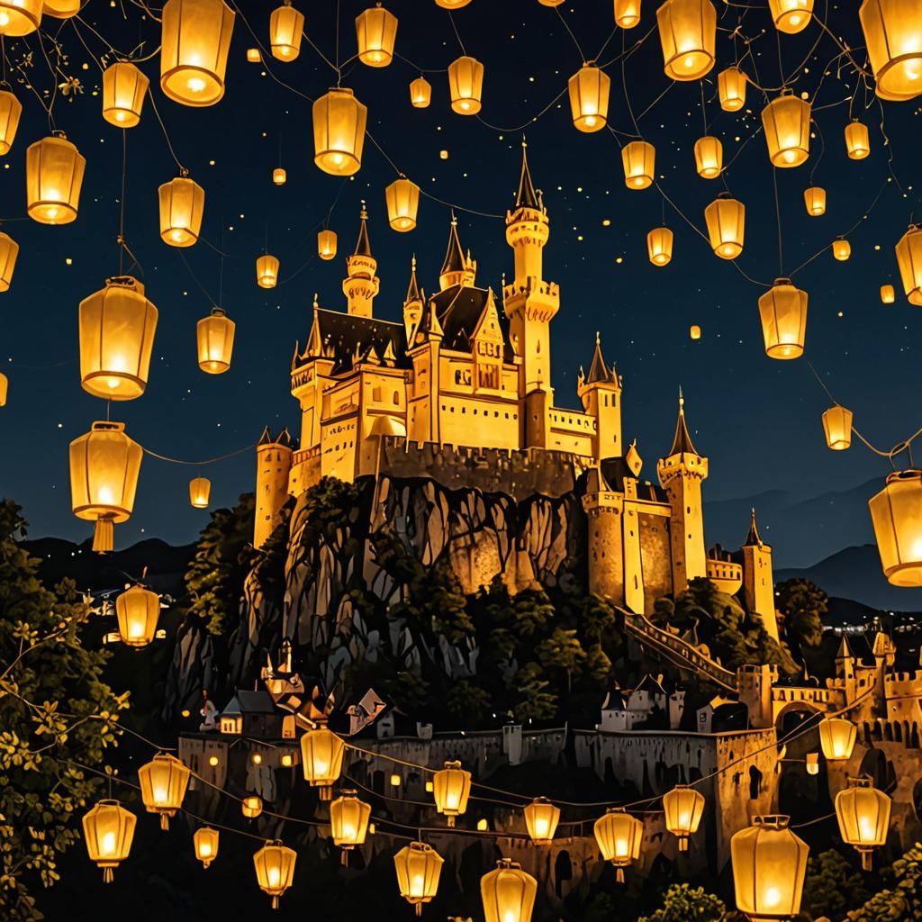 golden lanterns flowing over A beautiful castle at nighttime with the ...