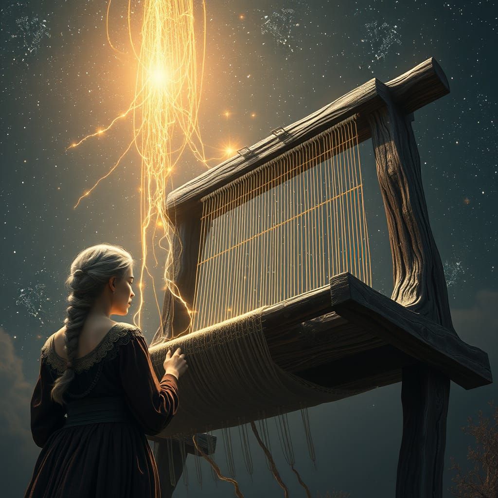 Medieval Scholar Stands Beside Loom of Existence i... - AI Art