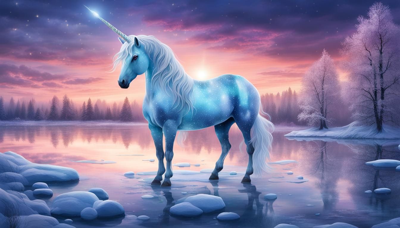 Ice unicorn by the lake, beautiful water, twilight, magic, fantasy landscape - AI Generated ...