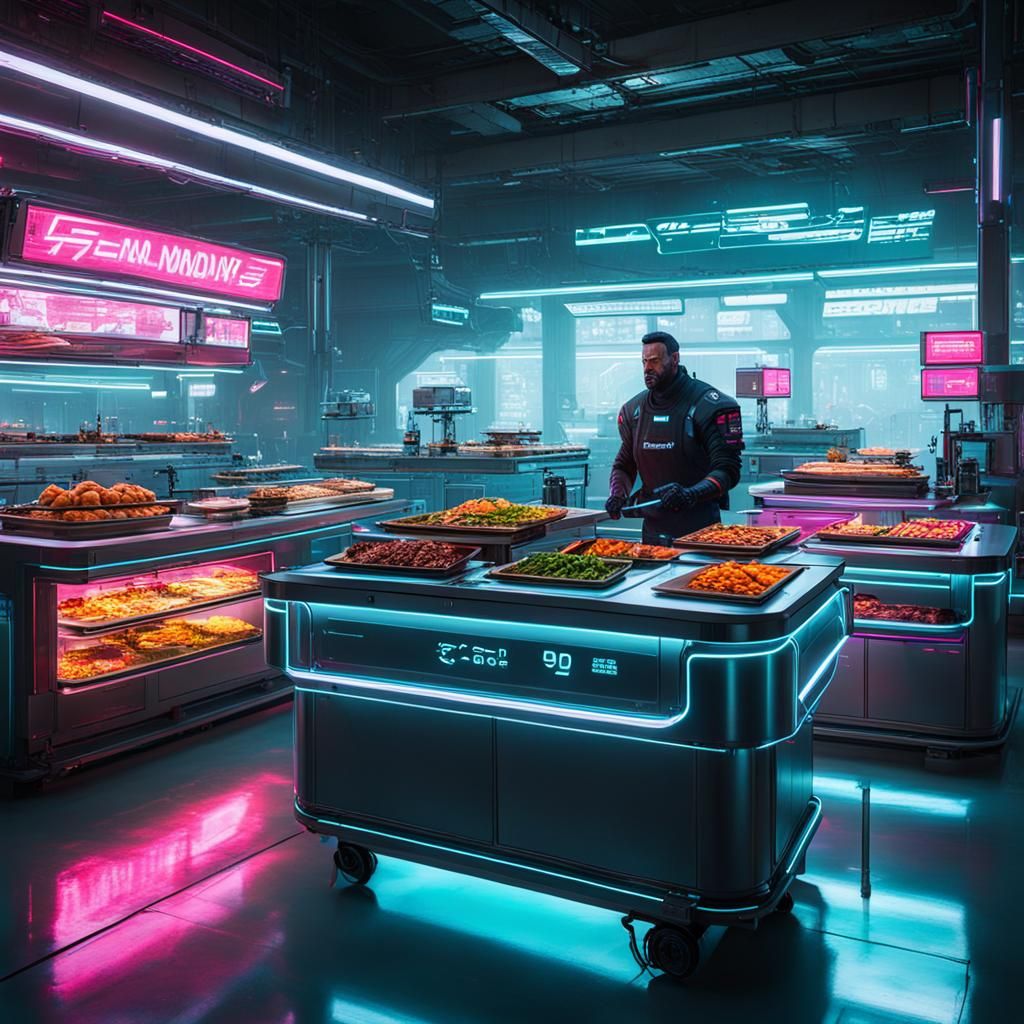 in Neon-lit carts with holographic menus and robot android chefs ...