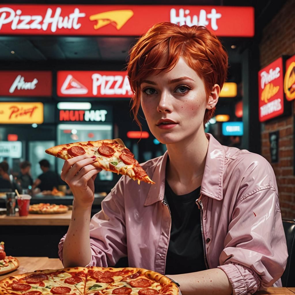 Redhead girl with a pixie cut eats Pizza Hut into bankruptcy, retrowave horror - AI Generated ...