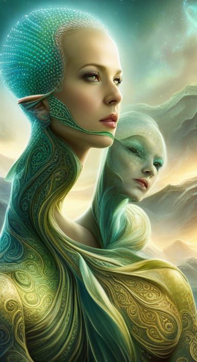 Beautiful Voluptuous bald alien woman blue green scales wearing a ...