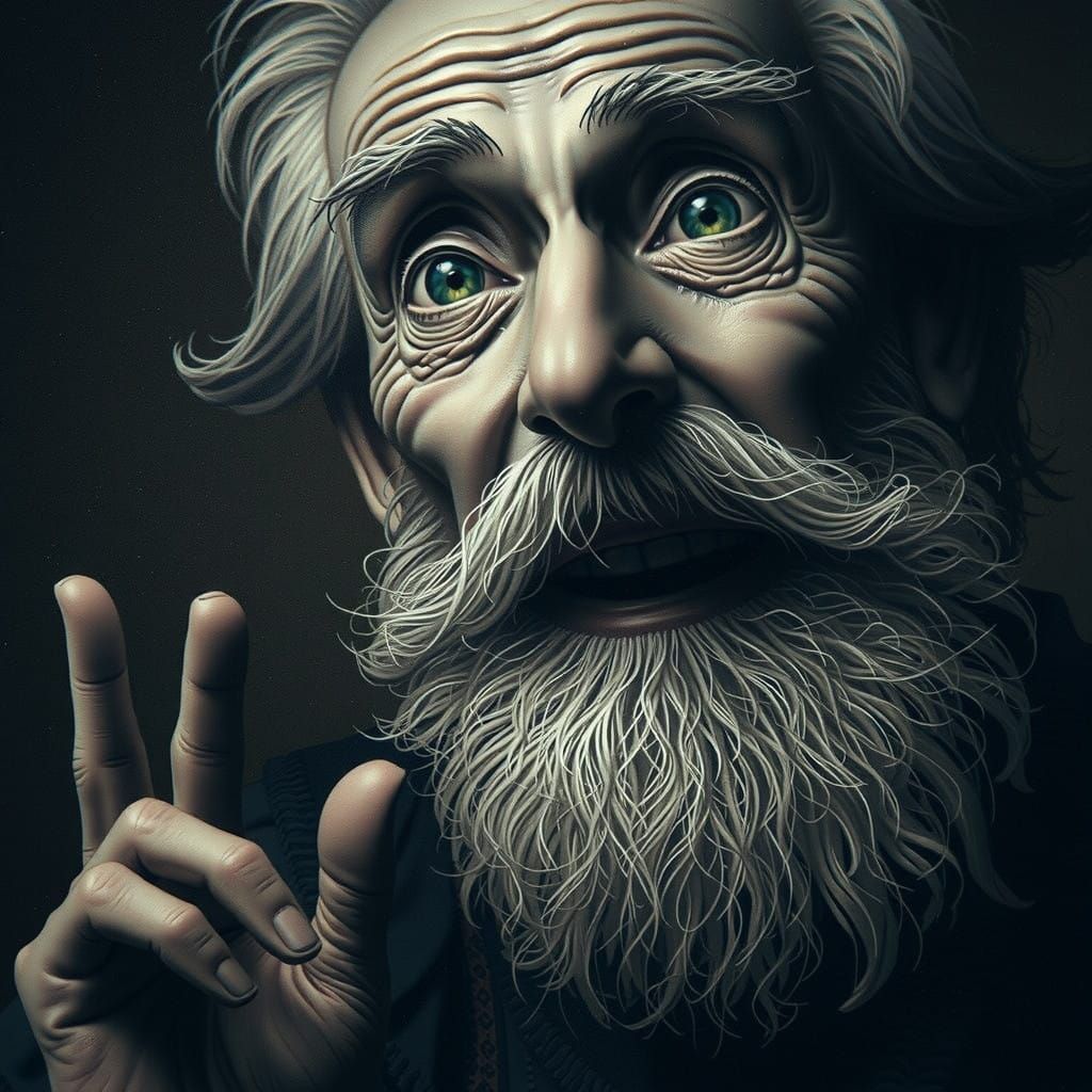 A portrait of a wise old storyteller, mid-gesture, speaking animatedly ...