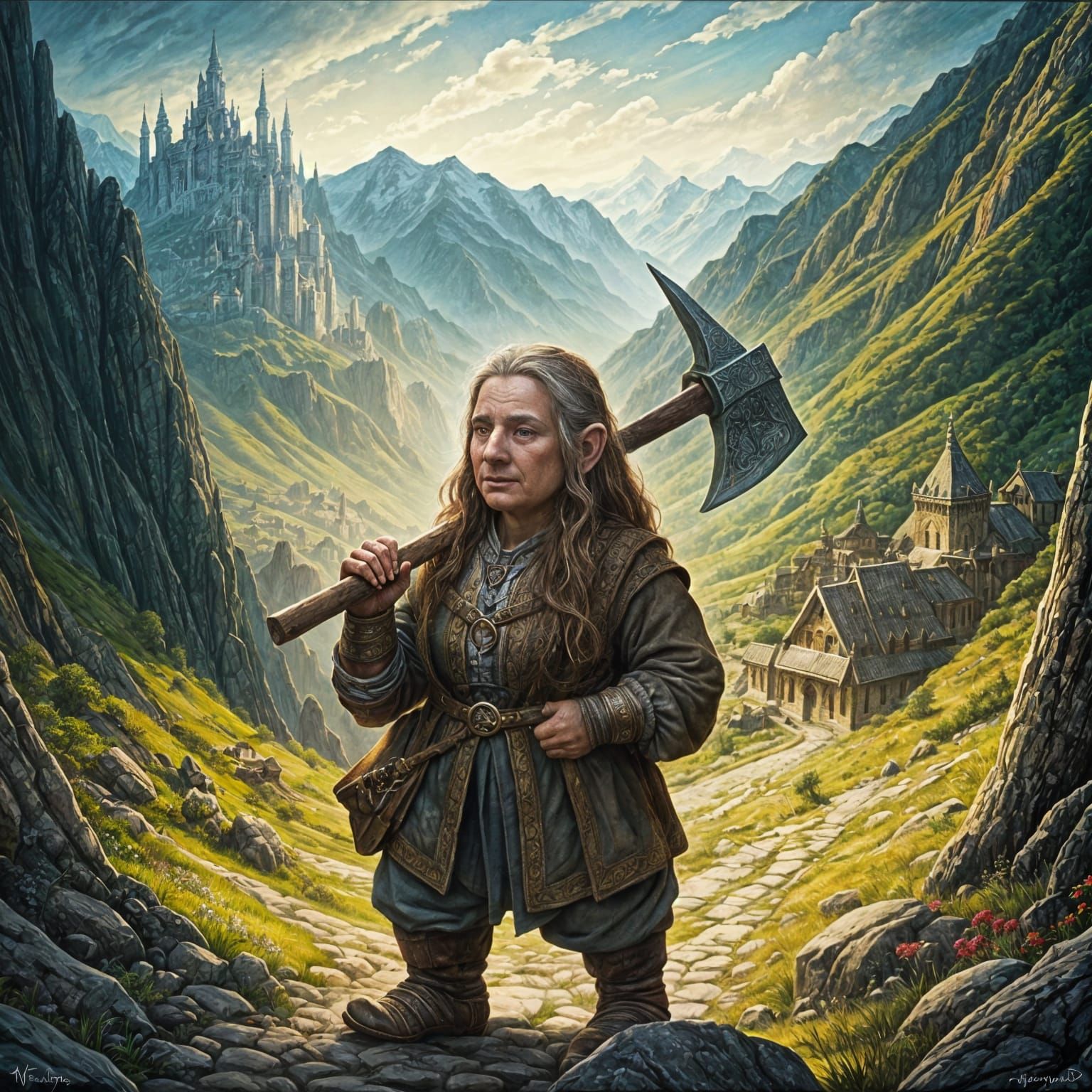 Image of an older female Dwarf diamond miner, carrying a pick axe on ...