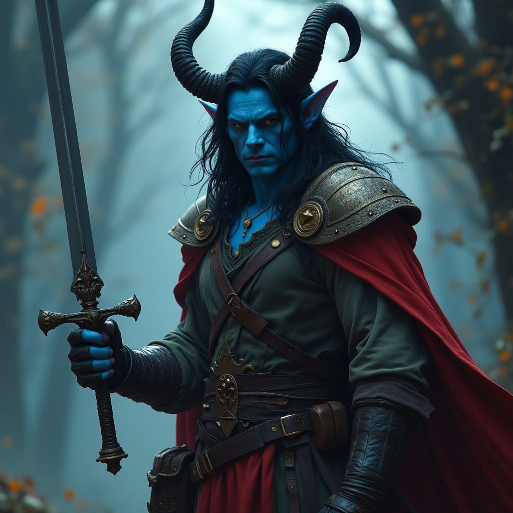 Blue Tiefling Bard with Rapier in Fantasy Style - AI Art