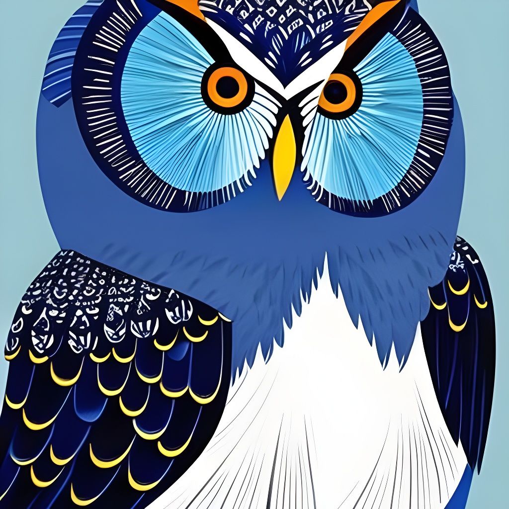 An illustration of a navy blue owl with accents of white, sky blue and ...