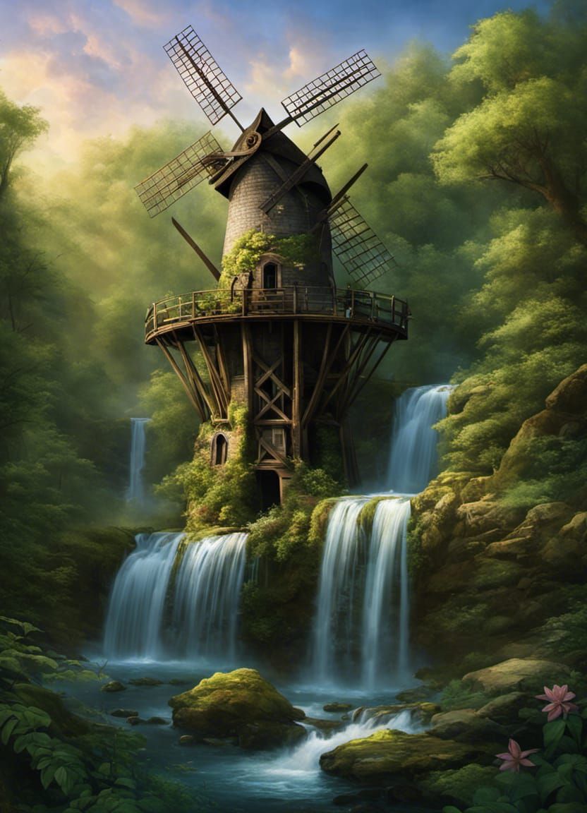 ancient windmill and waterfall - AI Generated Artwork - NightCafe Creator