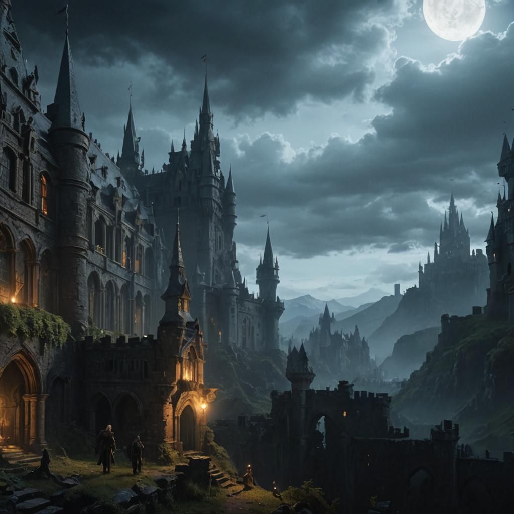 High Fantasy epic dark abandoned castle, necromancy magic, undead horde ...