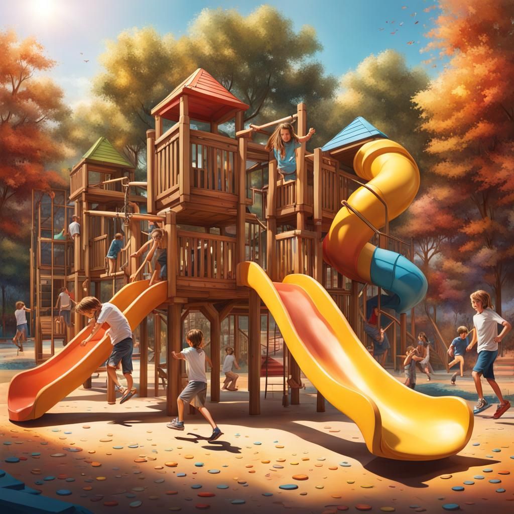 realistic large wooden playground with lots of tweens playing on the ...