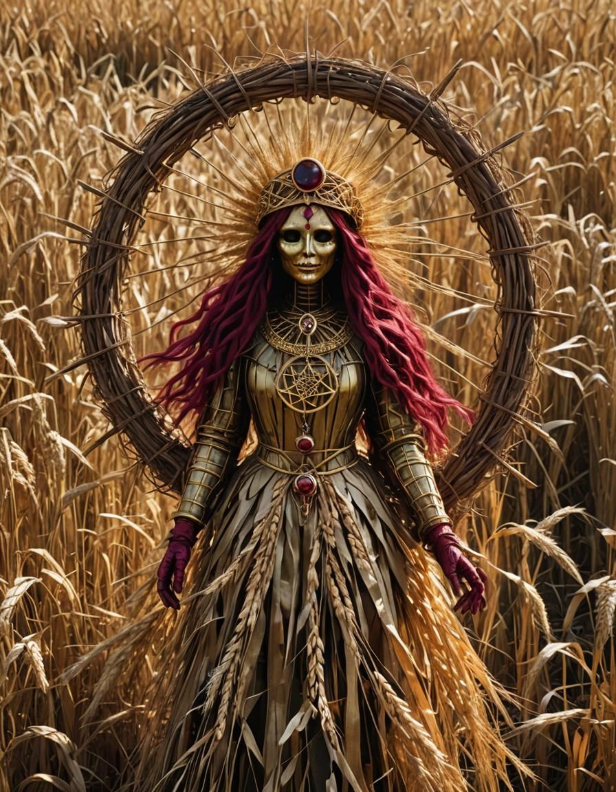 gold and cranberry-color wicker wheat witch effigy with folk horror ...