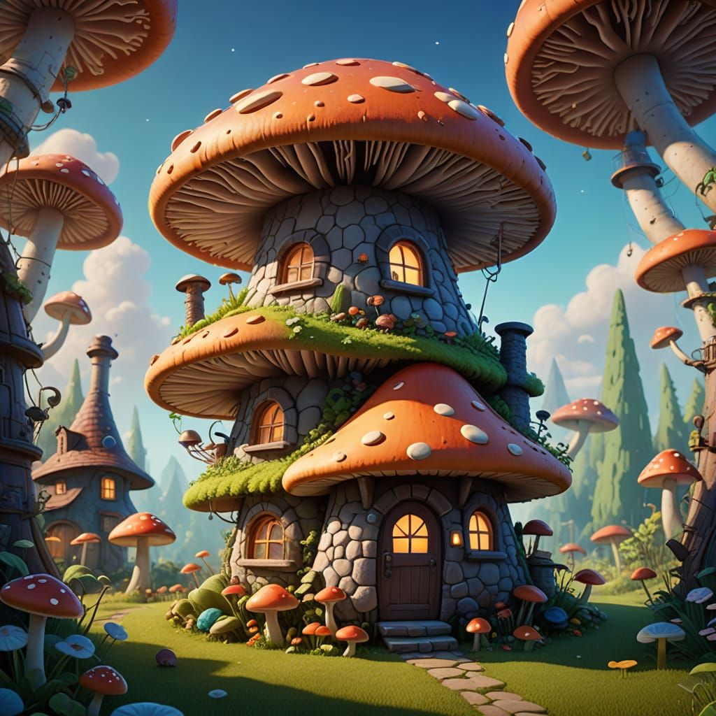 Mushroom. - Whimsical Mushroom Abode in Vibrant Color