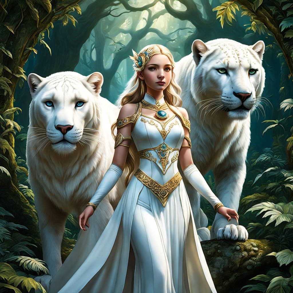 Ethereal Fey Girl and Majestic White Panther in En... - AI Art