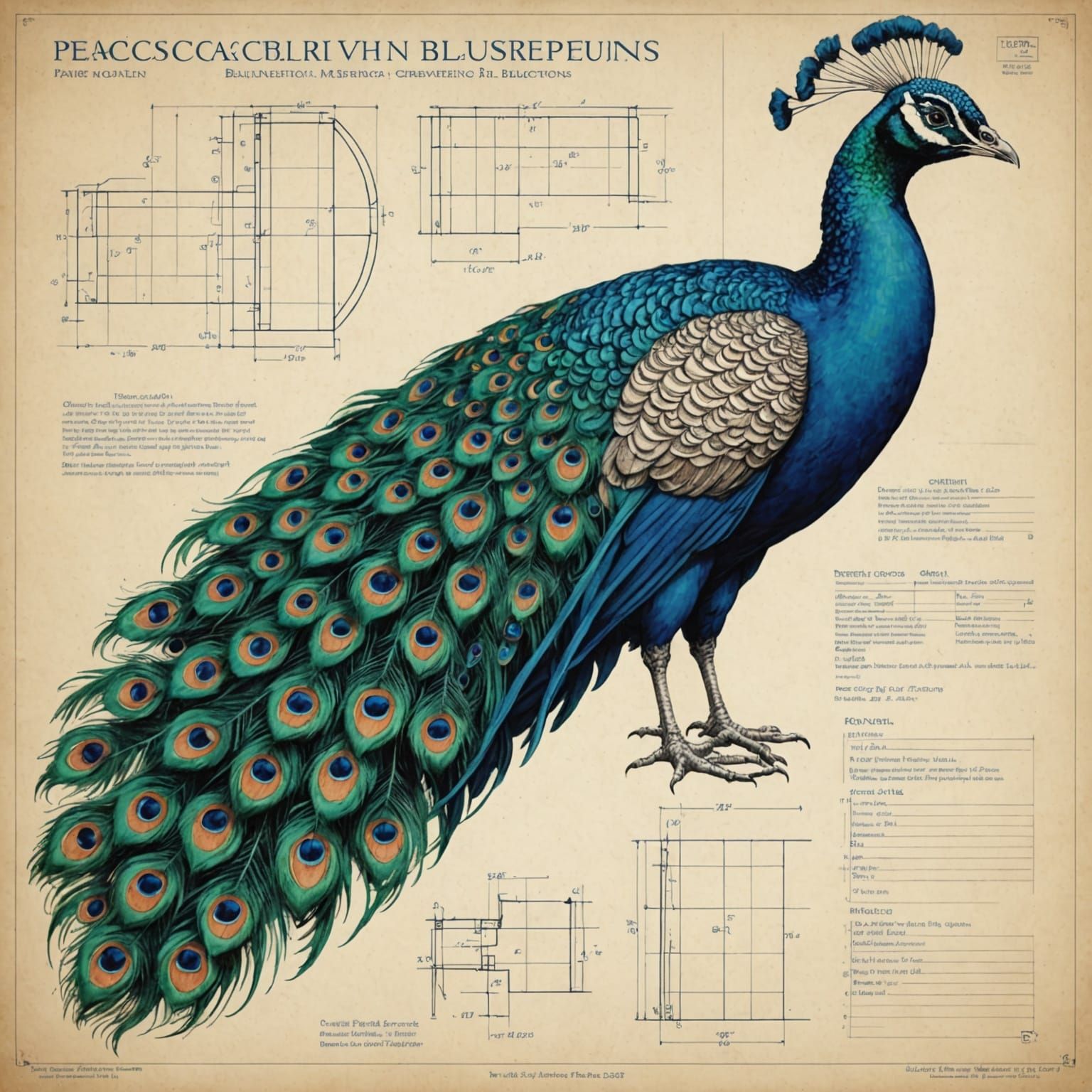 Technical Drawing of a Peacock's Anatomy in Bluepr... - AI Art