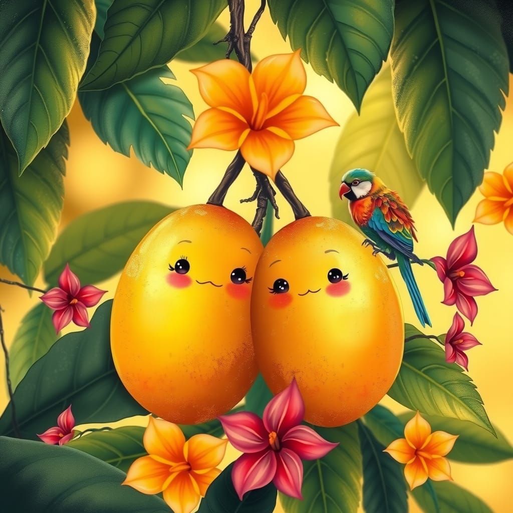 Mango Couple - Whimsical Mango Couple in Tropical Paradise