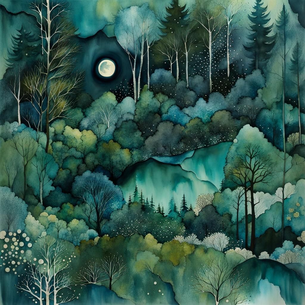moody forest moonscape, watercolor, acrylic, collage, scraps, line work ...