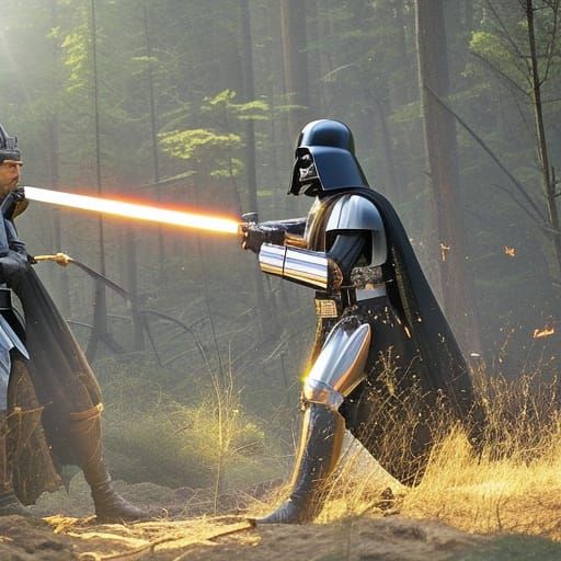 Forest battle between Darth Vader and templar knights with light sabre ...