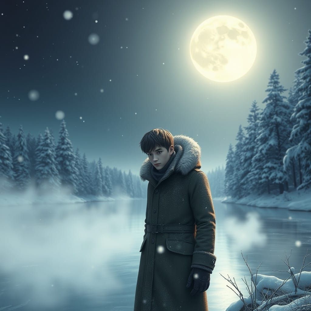 Winter Lake Solace Under Cloudless Moonlight - AI Art