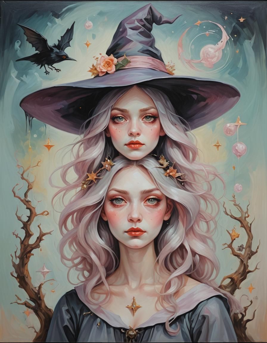 Eclectic Surrealist Fusion Cute Witch Portrait Oil Painting Soft Colors ...