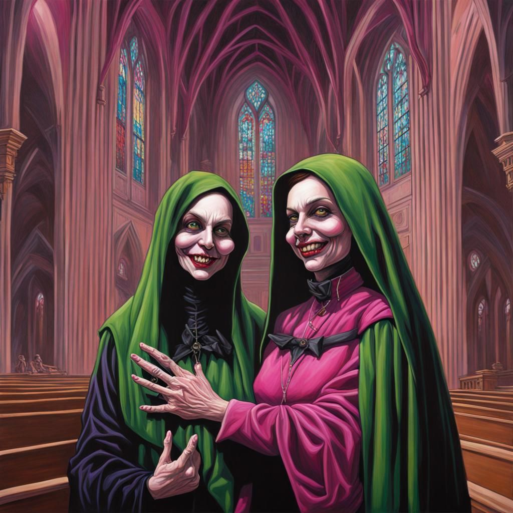 Remorseless sinners smile in church by Greg Rutkowski Jim Burns green ...