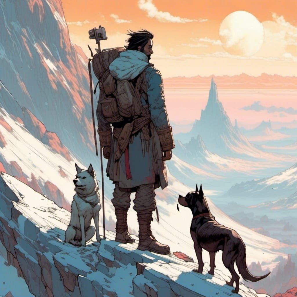 a man standing next to a dog on top of a mountain, concept art ...