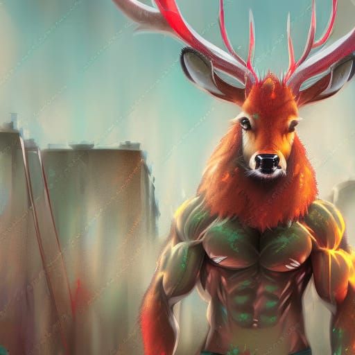 animal anthropomorphic deer male bodybuilder humanoid-torso wearing a ...