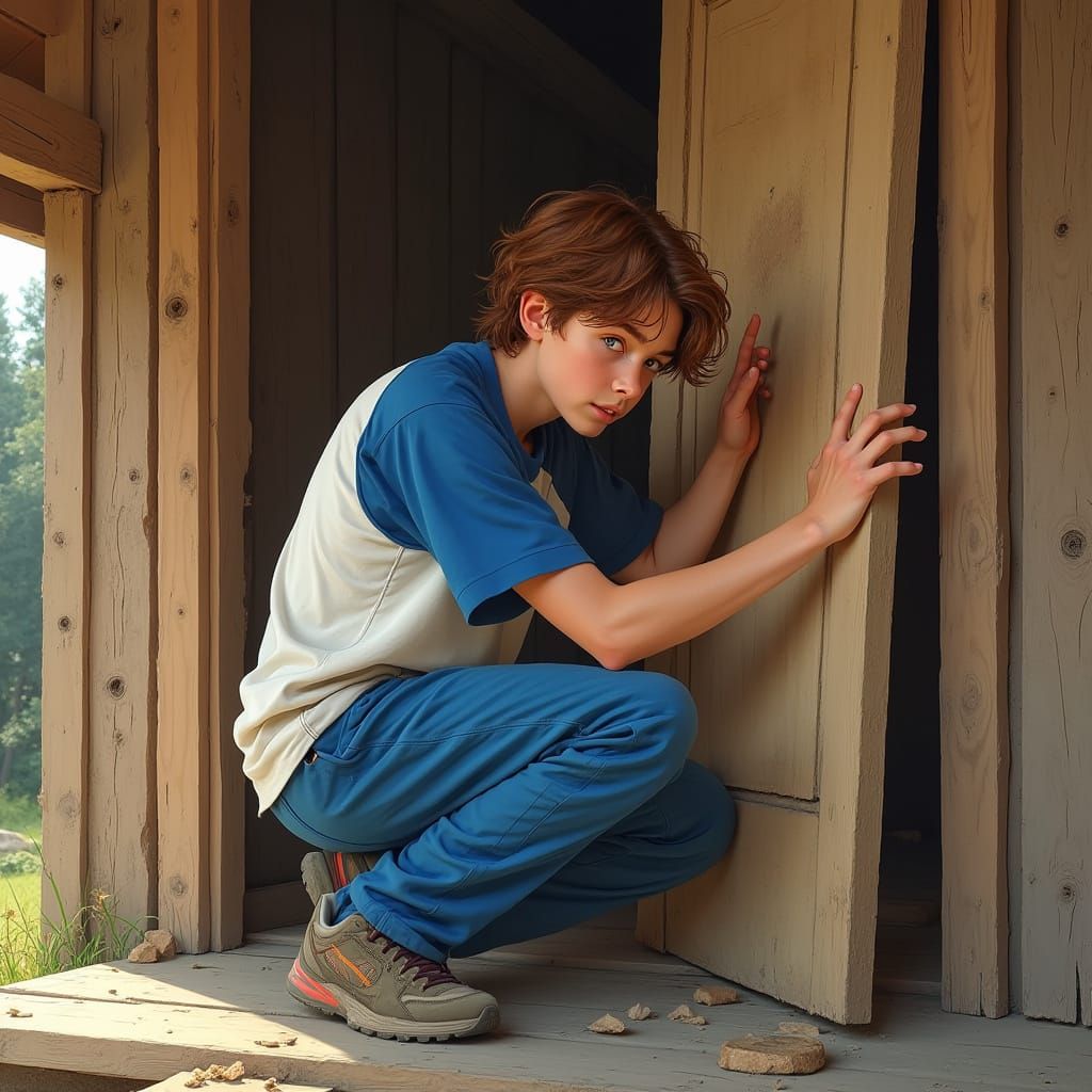 Hyperrealistic Portrait: Teen Rehanging Cabin Door... - AI Art