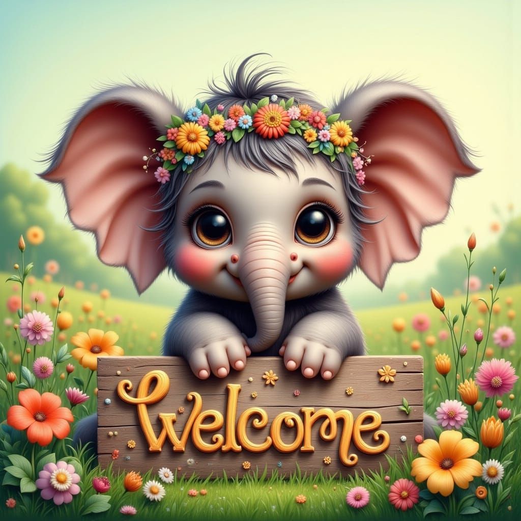 Welcome sign - Whimsical Welcome Scene with Adorable Elephan...