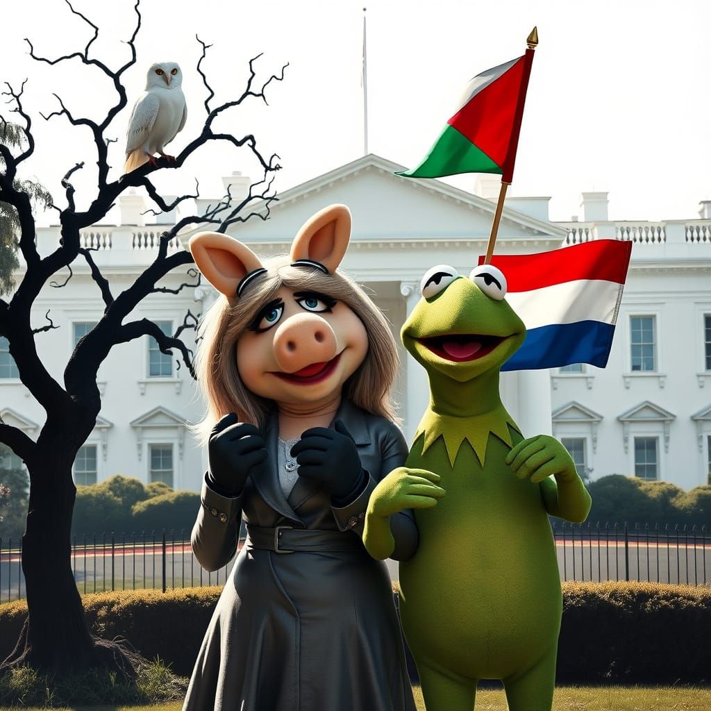 Miss Piggy beside her stands Kermit the Frog hold the dutch flag and ...