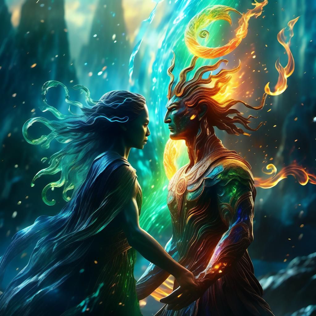 Cyberpunk-Inspired Gods of Fire and Water Unite in... - AI Art