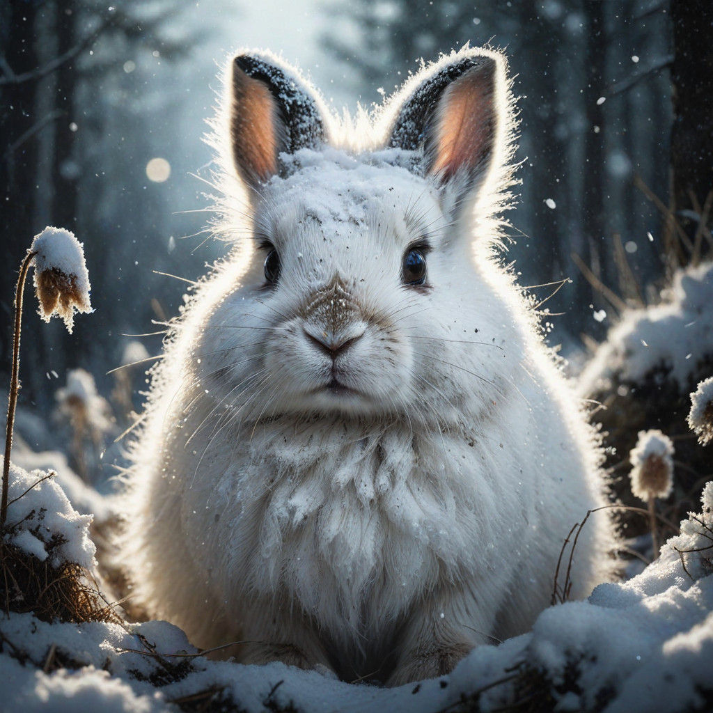 Snow Bunny - Winter Woodland Snowshoe Hare in Dramatic Ligh...