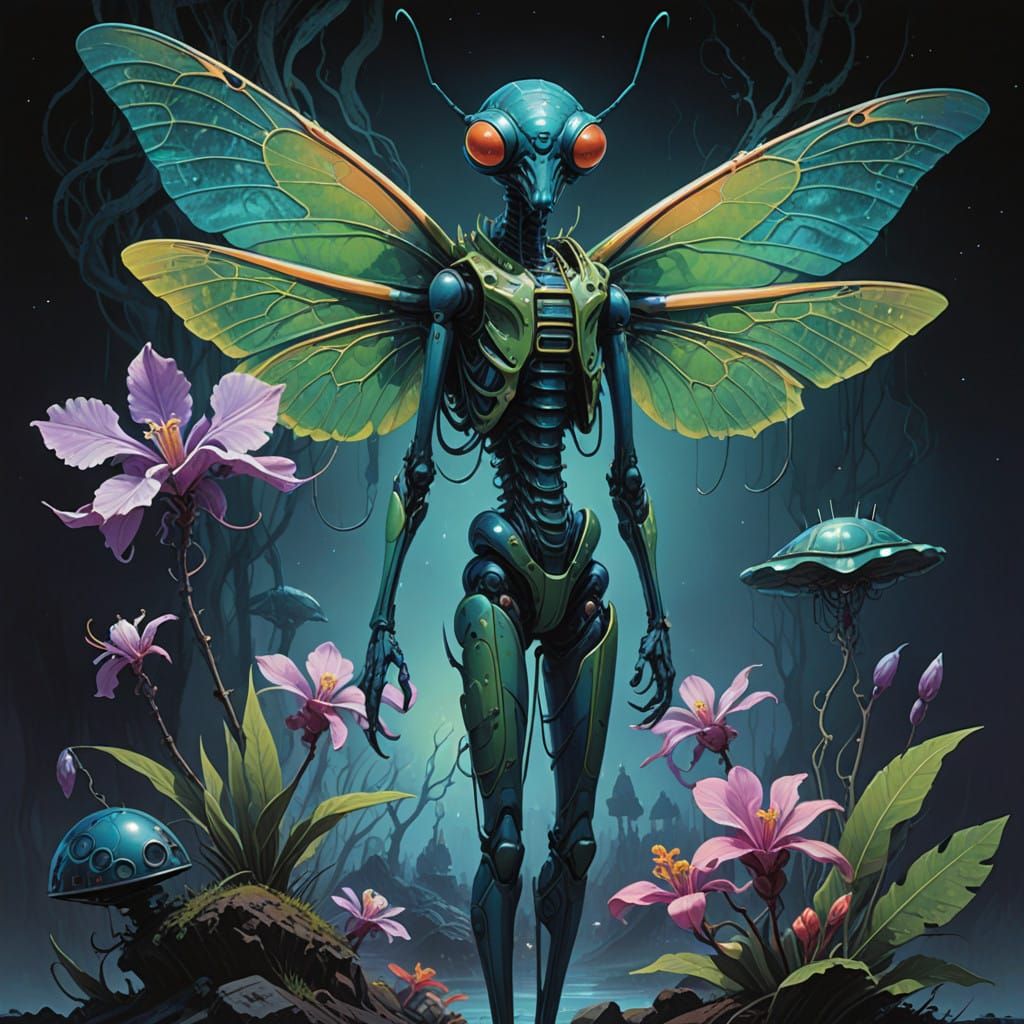 Alien Exoplanet Teeming with Iridescent, Mantis Sh... - AI Art